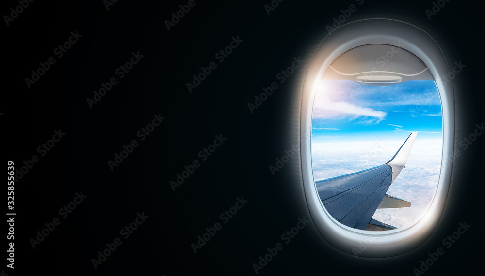 Black background with copy space with look of window frame of airplane ...