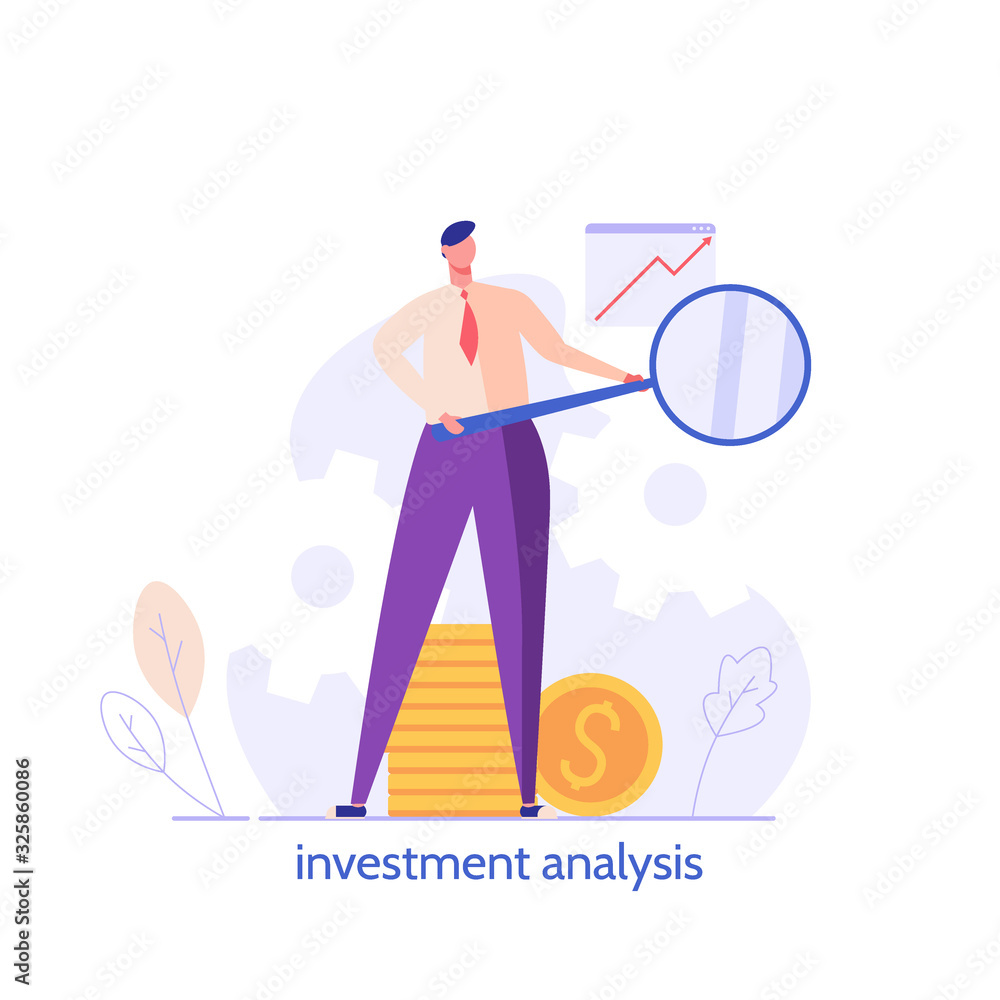 People invest money. Man standing with business magnifier and money ...