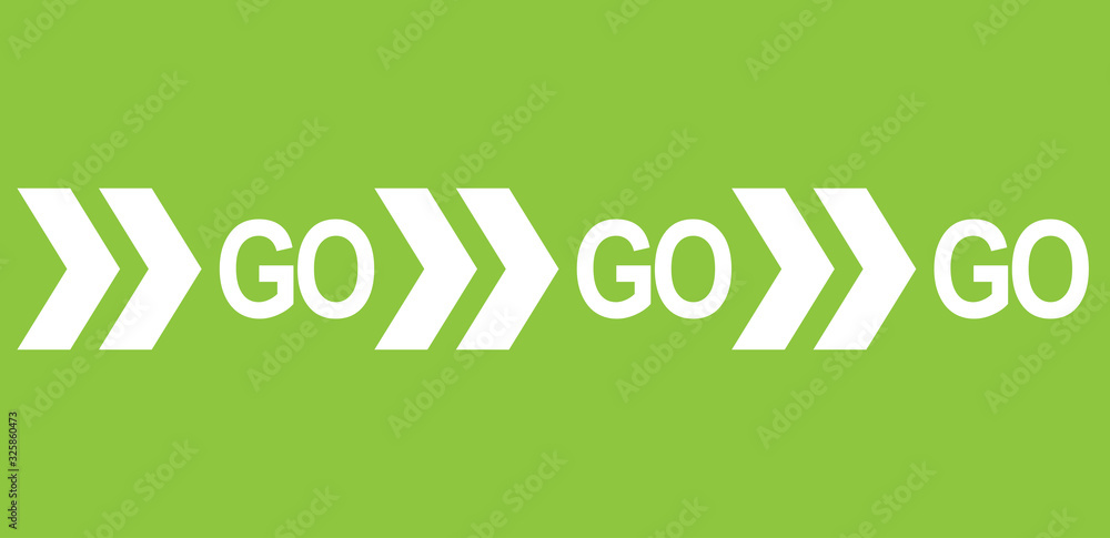 Go Go Go white word text and direction arrows on green background as ...