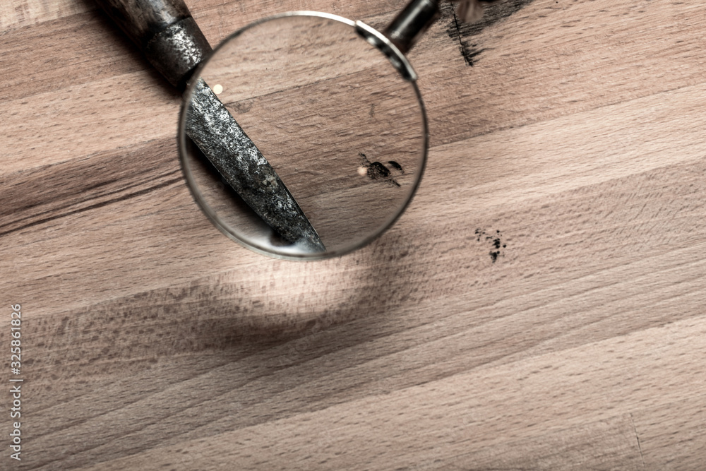 Looking through a magnifying glass at a knife for crime scene clues ...