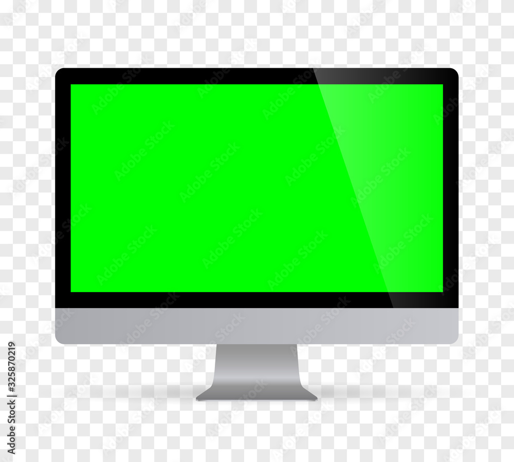 Vecteur Stock Realistic Desktop Computer Monitor With Green Screen And Checkerboard Background 
