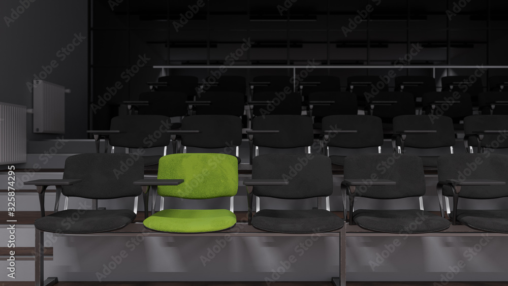 Green Seat with Black Ones Inside a Dimly Illuminated Lecture Hall 3D ...