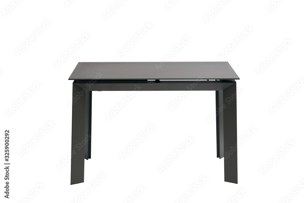 folded dark gray iron table with glass top, side view, isolated on ...