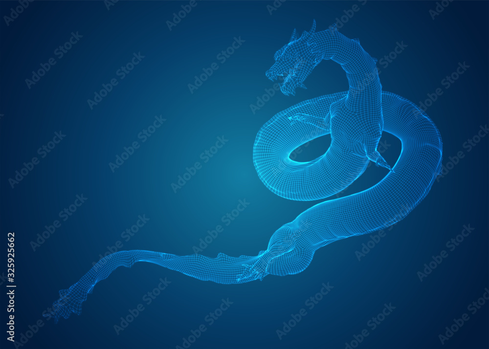 vector long dragon snake on a deep dark blue background in square 3D ...