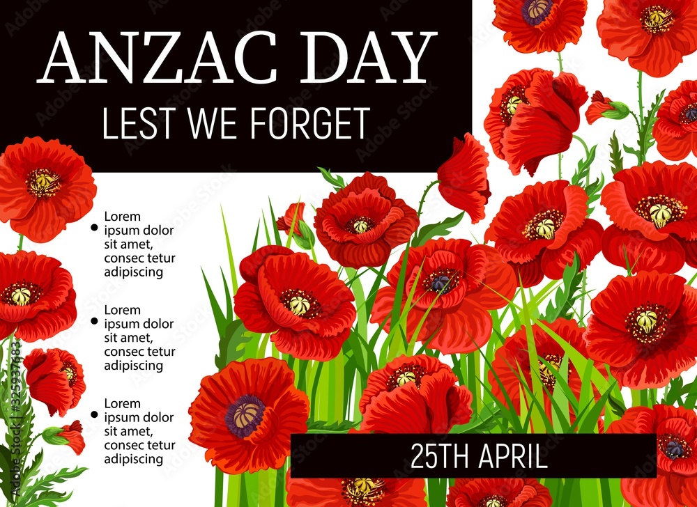 Poppies of Anzac Day, vector poster design. Red flowers of Australian ...