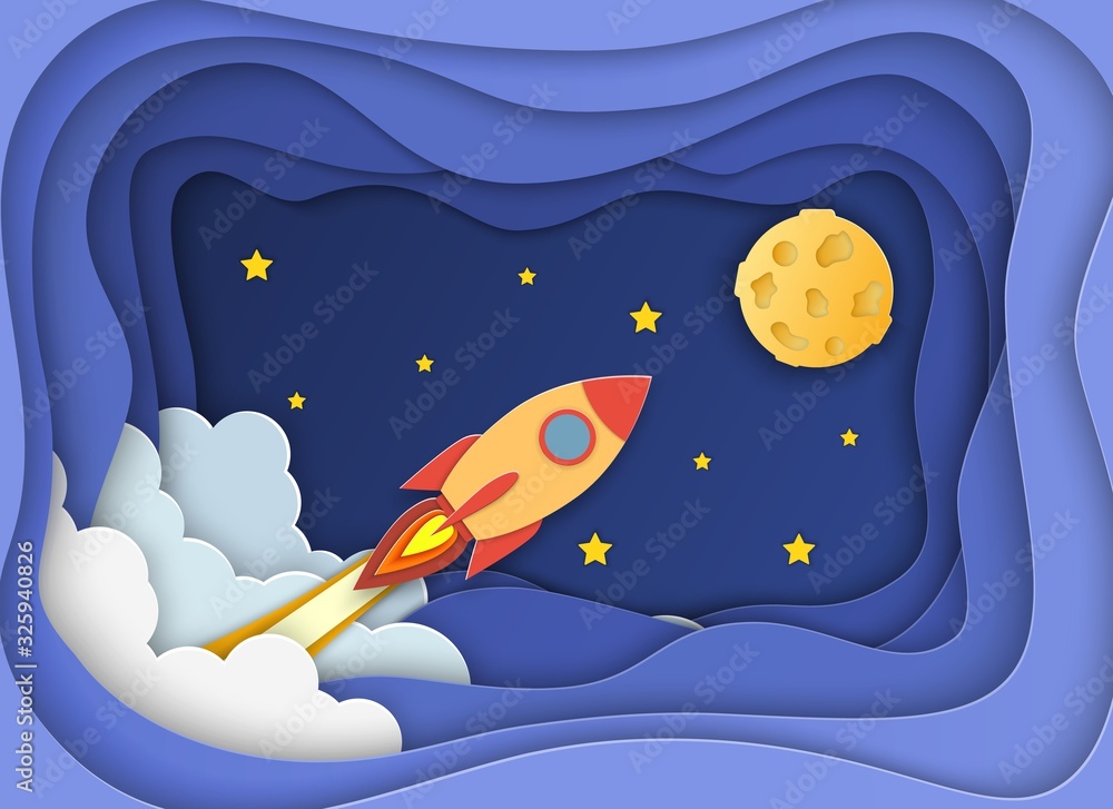 Rocket launch to the Moon.Paper cut startup poster template with space ...