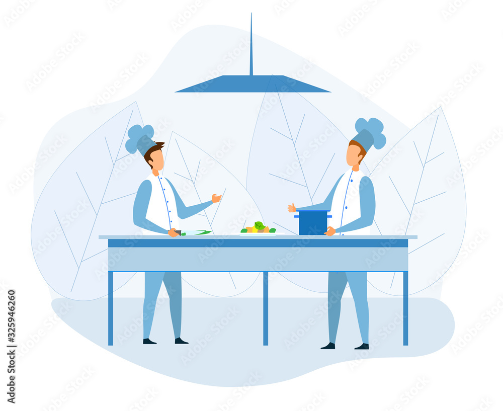 Faceless Chefs Preparing Food in Kitchen Cartoon. Male Cook Cutting ...