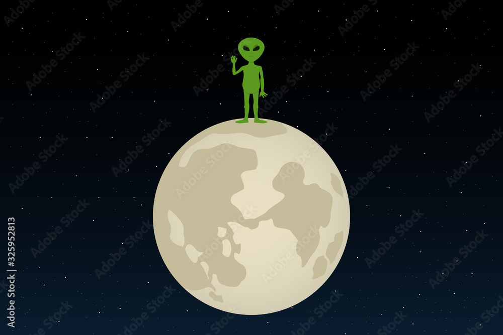 Green alien stand on moon with raised hand. Cartoon style. Vector ...