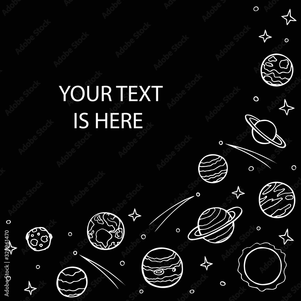 Right-side frame of planets and stars of the solar system. Empty space ...