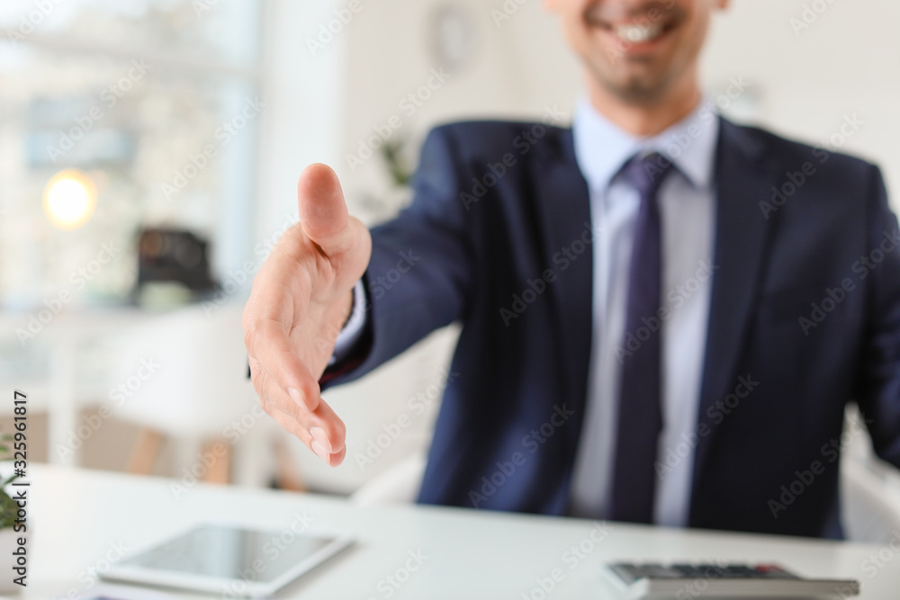 Male manager stretching out hand for shake in office, closeup Stock ...
