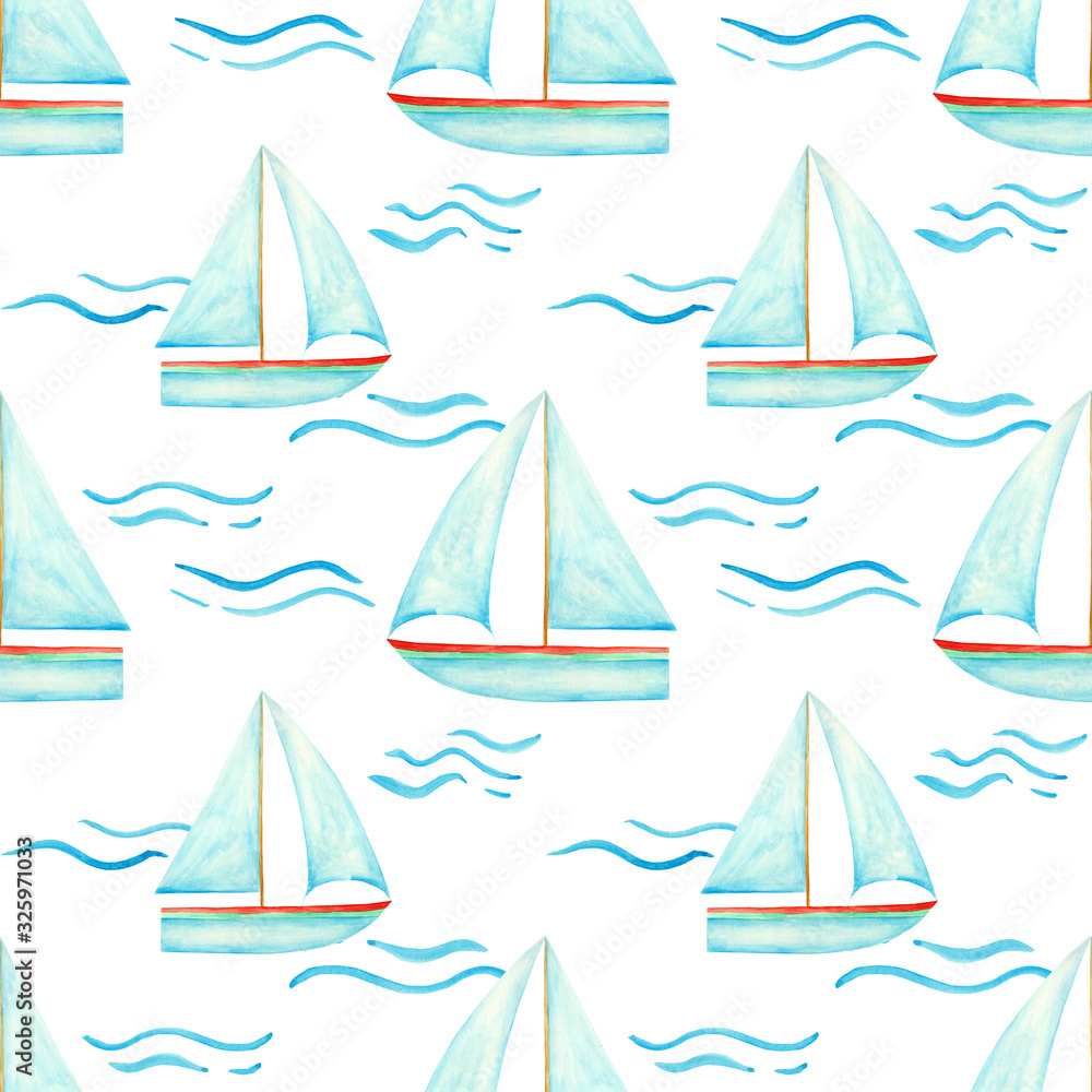 Hand drawn blue watercolor sailboat on the waves seamless pattern on ...
