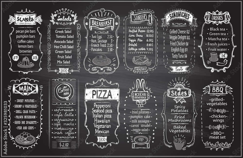 Chalk menu set on a blackboard - sweets, salads, breakfast, starters ...