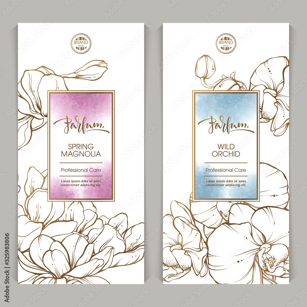 Stylish design parfum with graphic illustration of magnolia and orchid ...