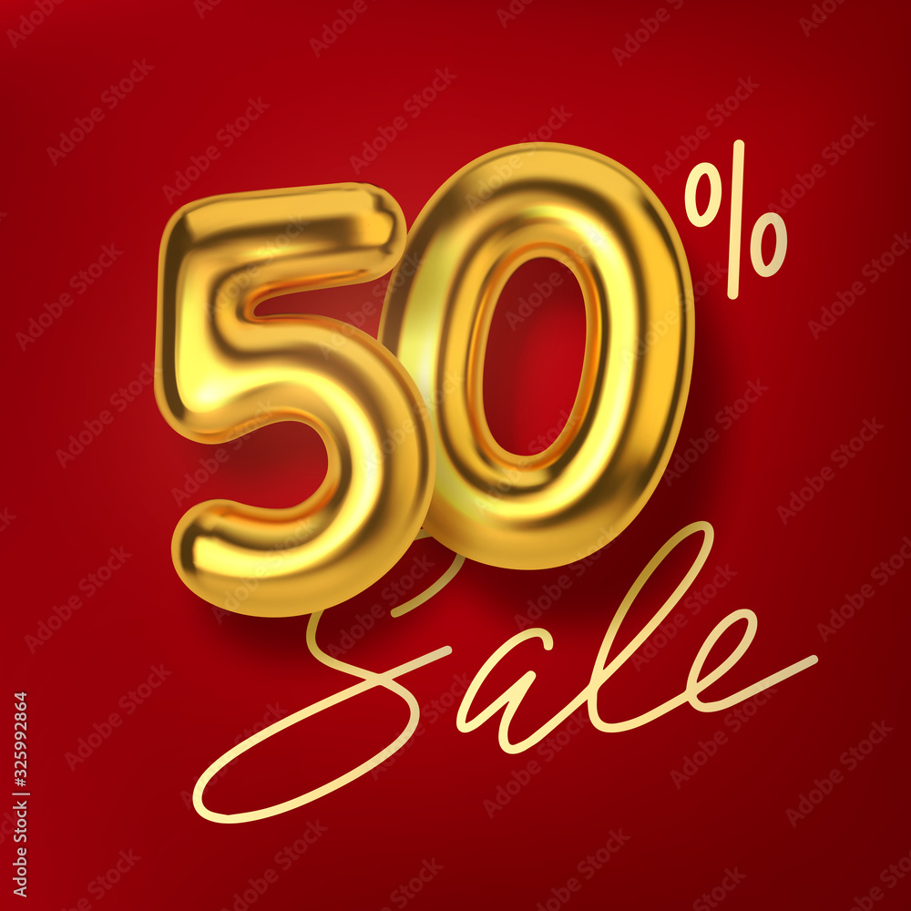 50% off discount promotion sale made of realistic 3d gold balloons ...