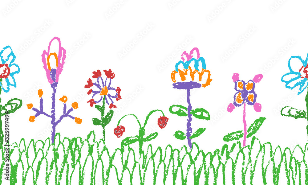 Crayon kid`s hand drawn colorful flowers with green grass on white ...