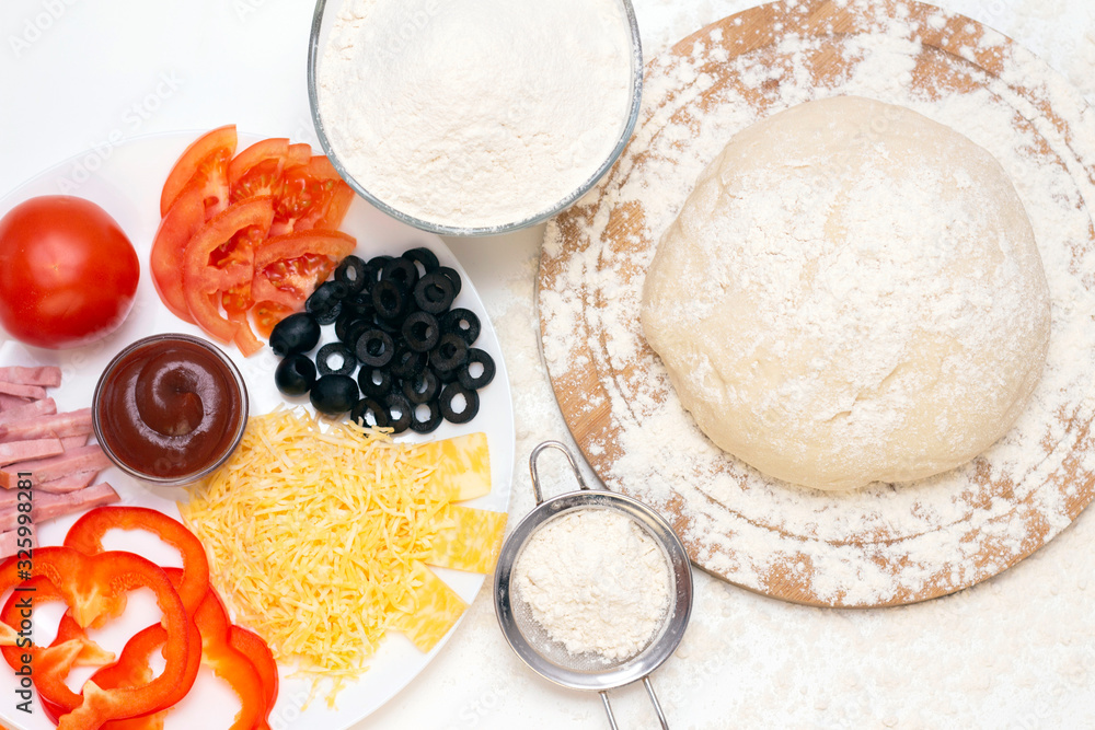 Ingredients for making pizza on a white background. Italian food ...