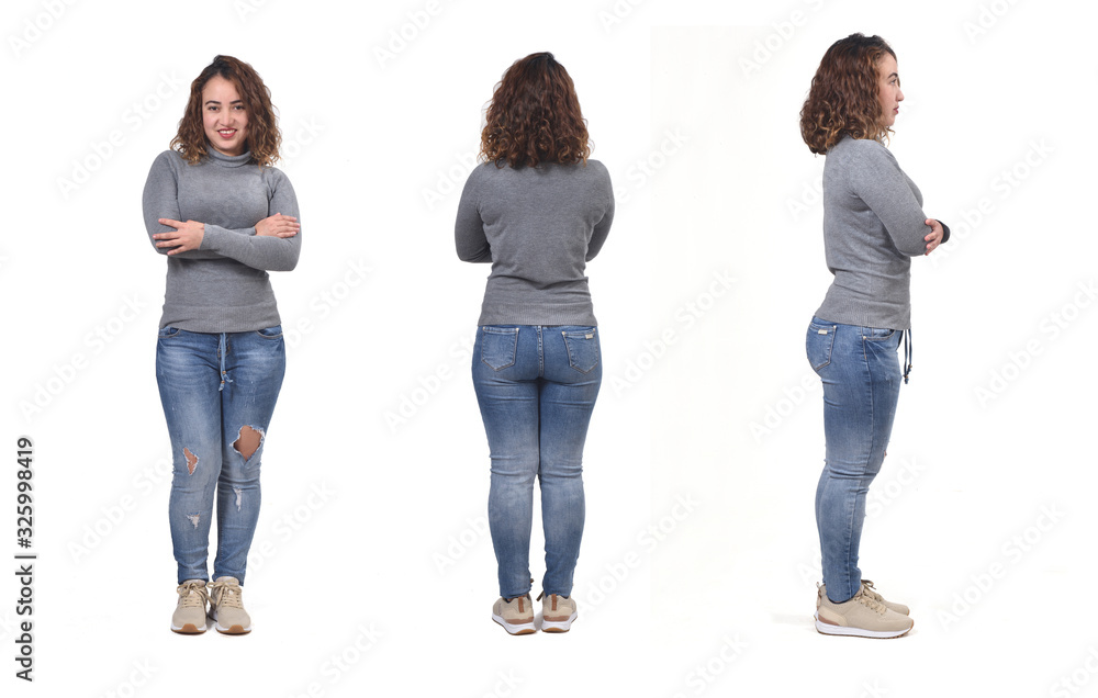 woman with jeans front, back and side view on white background, arms ...