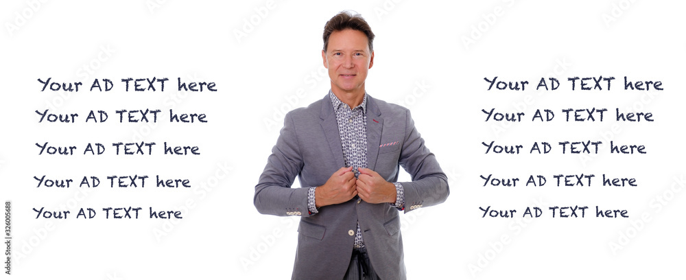 Portrait of handsome mature smiling 50-55 years old man in grey stylish ...