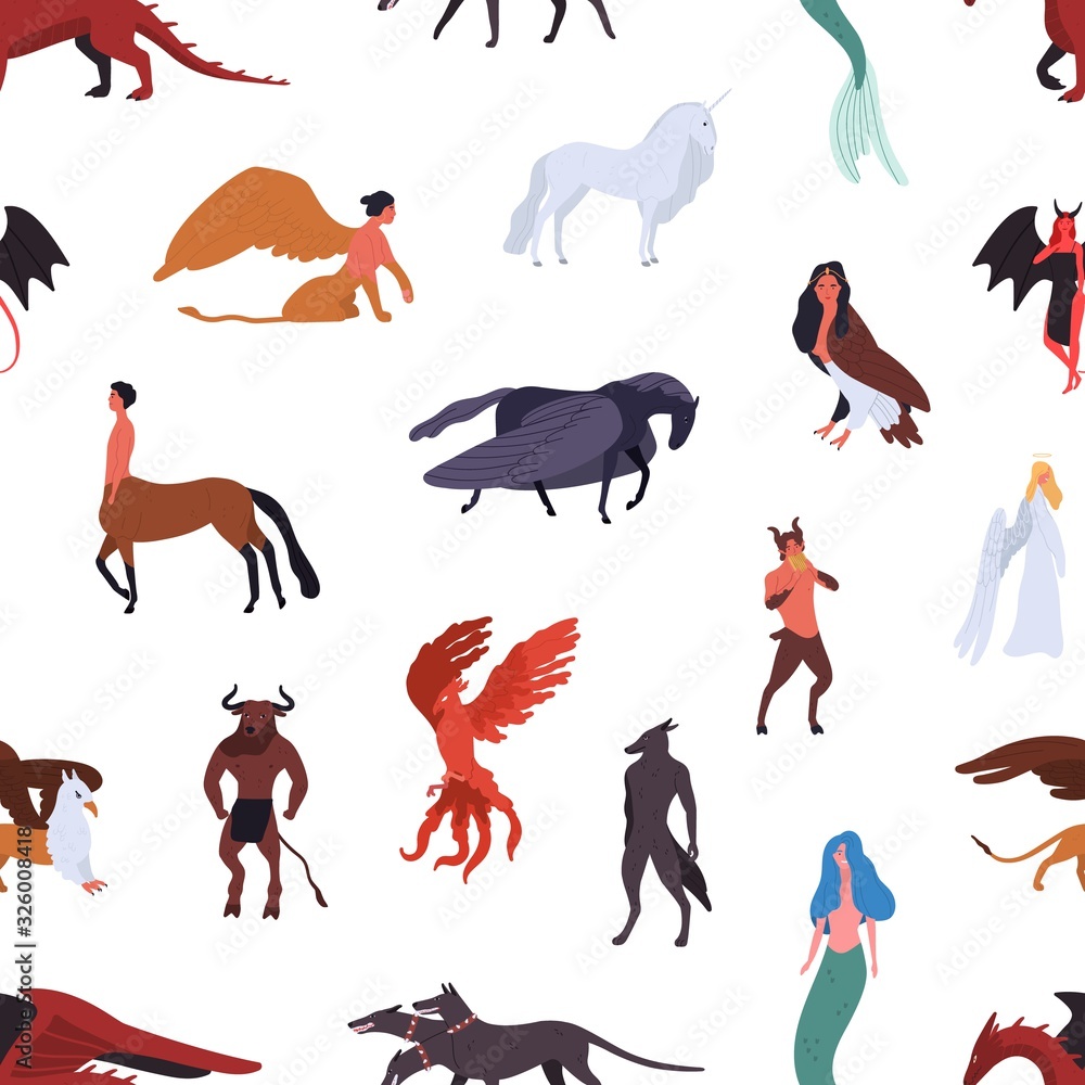 Mythical creatures seamless pattern isolated on white background ...