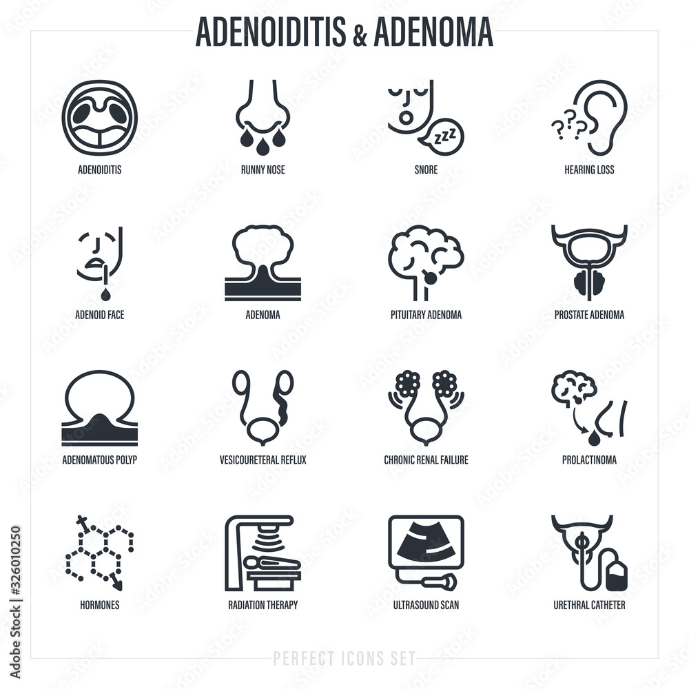 Adenoiditis and adenoma thin line icons set. Benign tumor, hearing loss ...