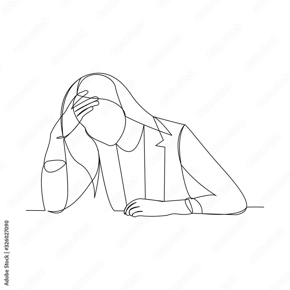 Continuous line drawing of business woman in depression, stressed, and ...