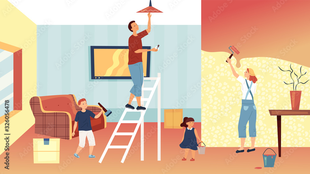 Concept Of Family Home Renovation. Father, Mother Daughter And Son Are ...