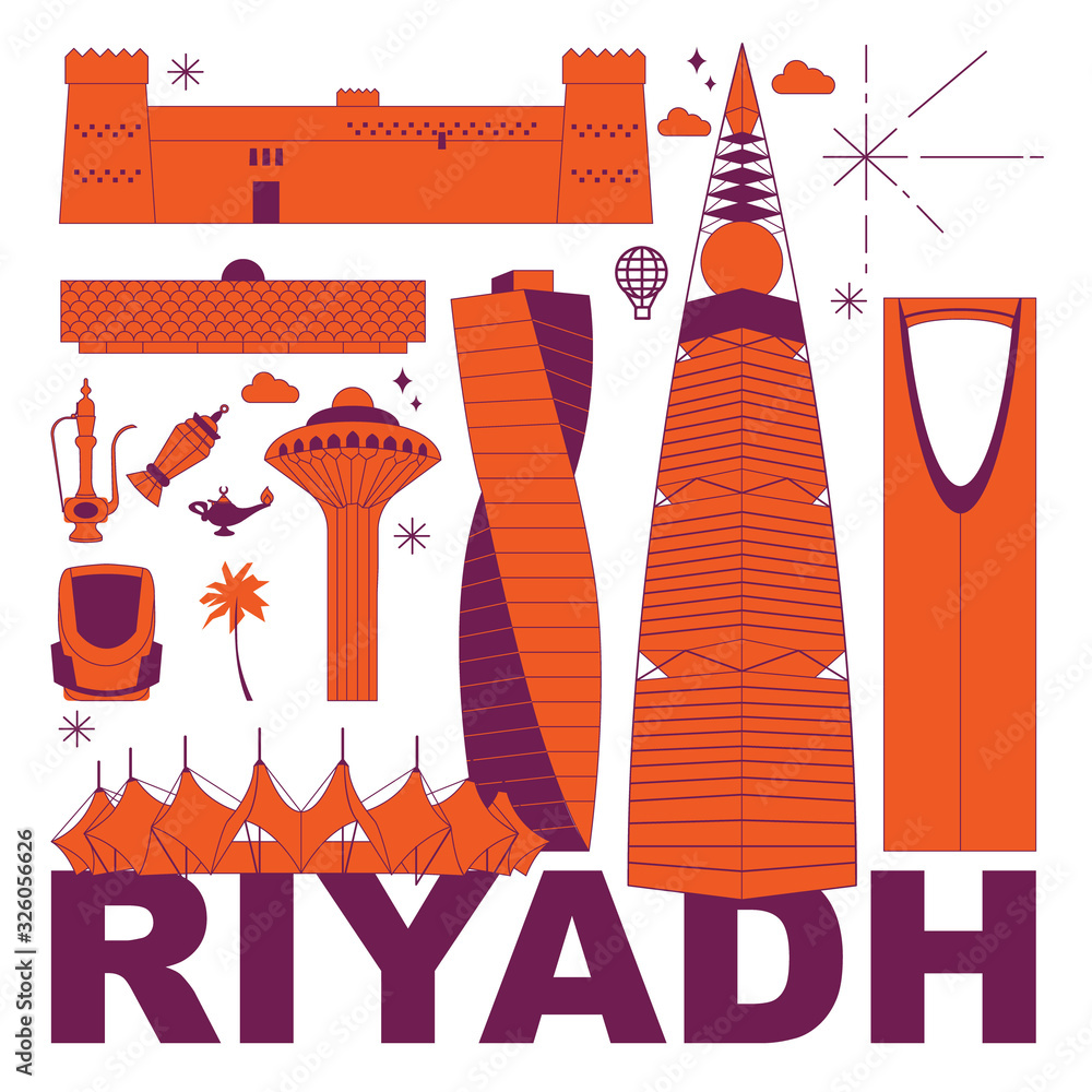 Riyadh culture travel set, famous architectures and specialties in flat ...