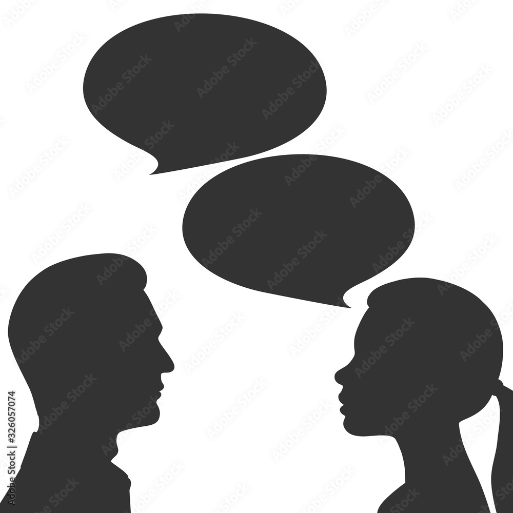Dialogue between a man and a woman. Silhouettes of people and speech ...