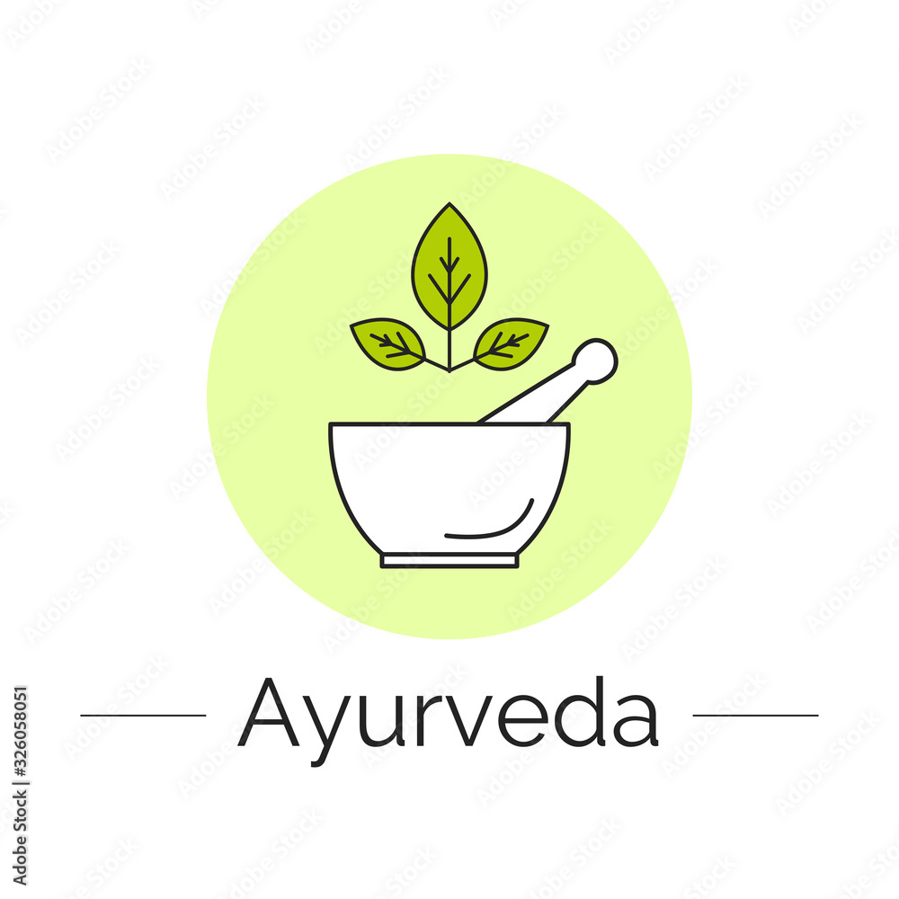 Vector ayurveda logotype template with isolated linear leaves, mortar ...