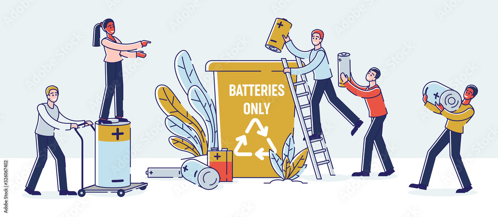 Used Batteries Recycling Concept.Tiny People Practise Waste Sorting ...