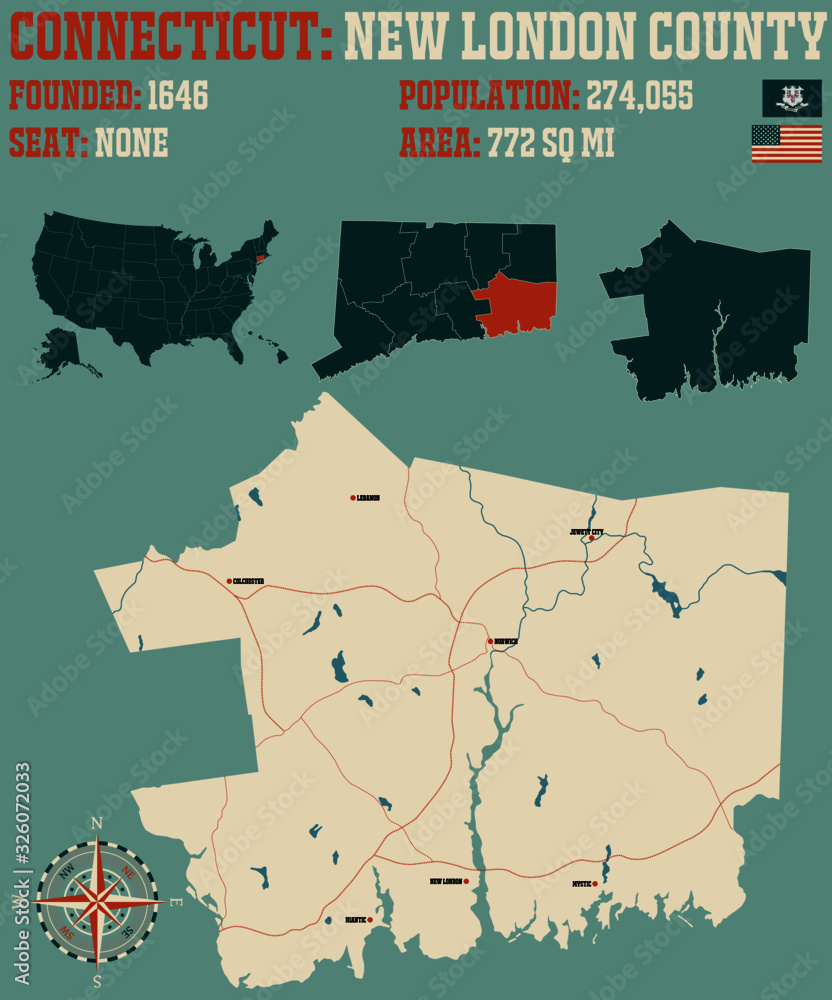 Large and detailed map of New London county in Connecticut, USA. Stock ...