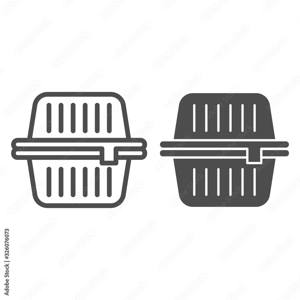 Food box line and solid icon. Kitchenware preserving container, meal ...