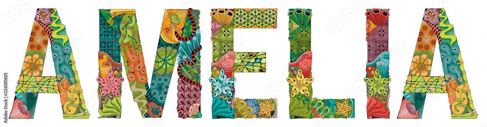 Female name Amelia. Vector decorative zentangle object Stock Vector ...