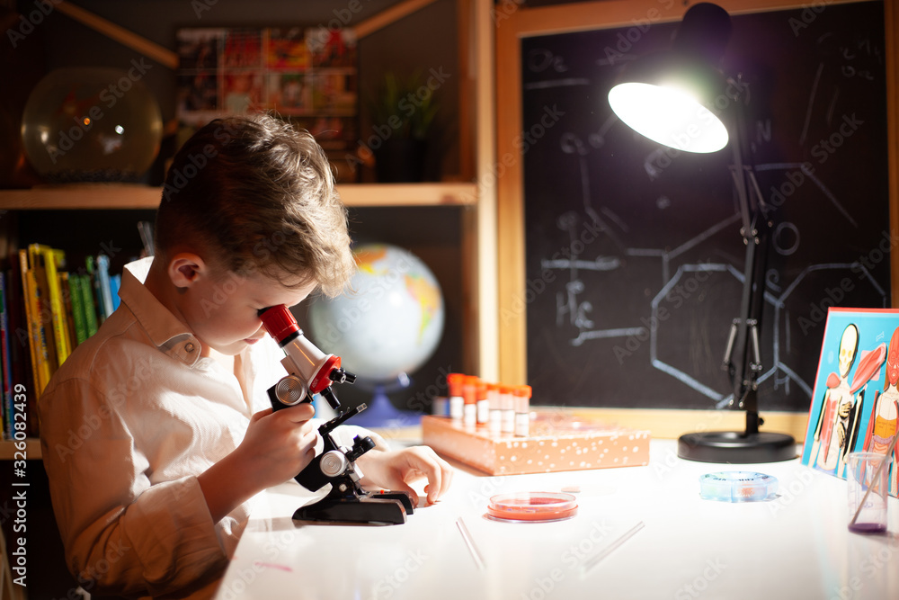 boy with a microscope, school education, biology classes, laboratory ...