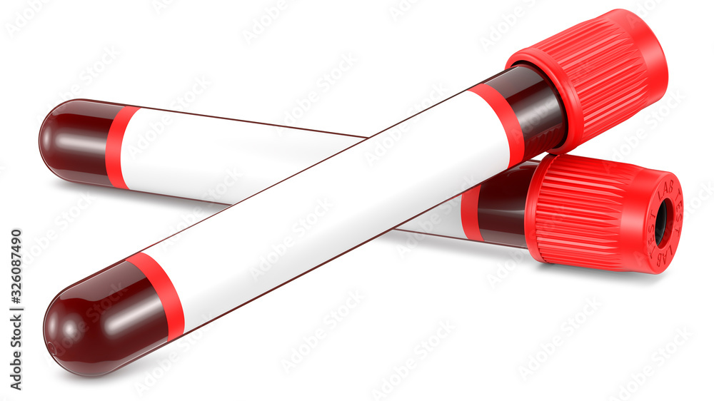 Two tubes with blood sample Isolated on white background. 3d rendering ...