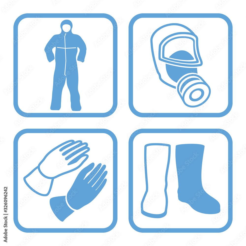 Protective equipment, collection of square blue signs. Symbols of a ...