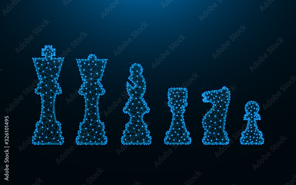 Chessmen made from points and lines on dark blue background, king ...