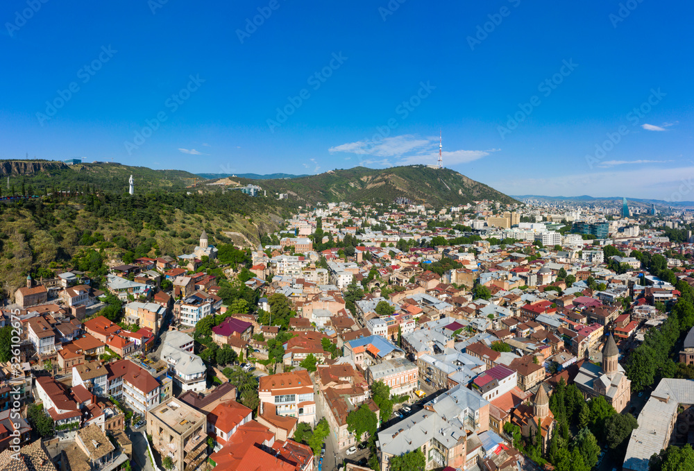 Panorama of the old town on Sololaki hill, crowned with Narikala ...