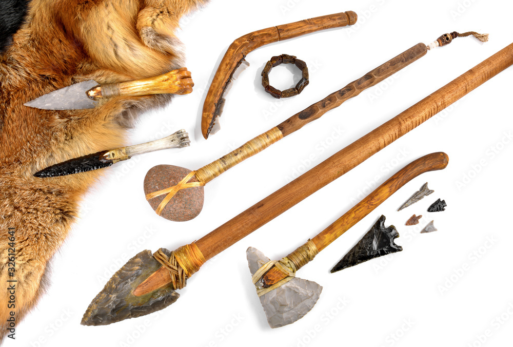 Stone Age Tools on white Background - Panoramic View Stock Photo ...