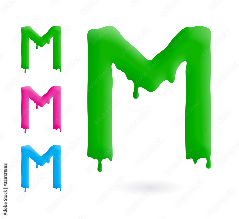 Letter M logo. Green, blue and pink character with drips. Dripping ...