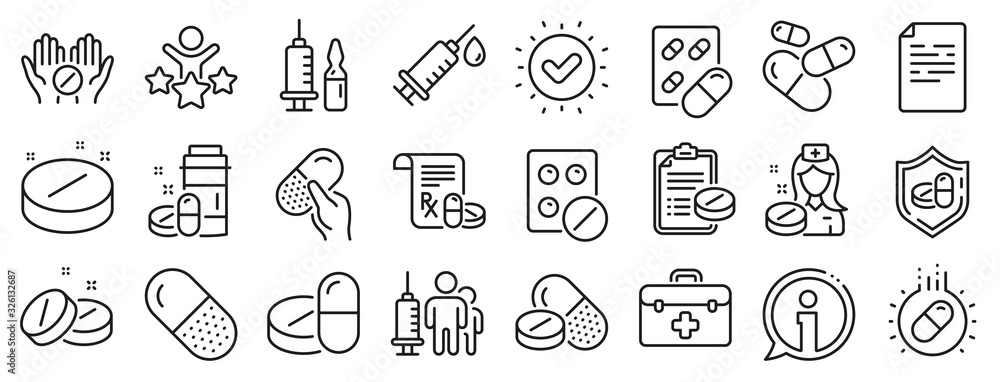 Healthcare, Prescription and Pill signs. Medical drugs line icons ...
