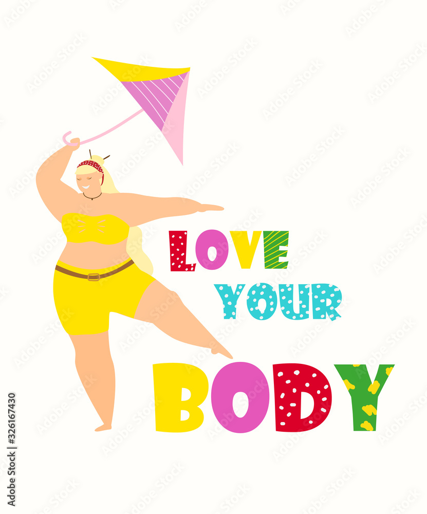 Plus Size Blonde Woman In Swimsuit Dancing With Parasol Near Love Your Body Lettering Body