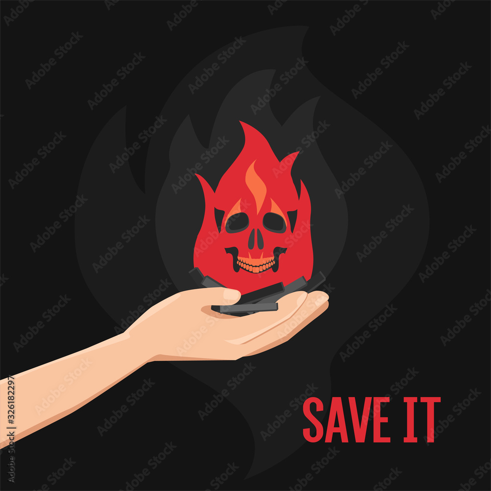 Fire in the hand. Fire hazard warning, safe handling with open flame ...