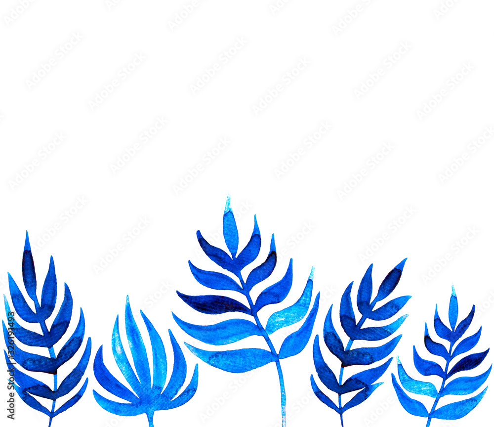 Watercolor seamless border with classic blue leaves. Hand painted ...