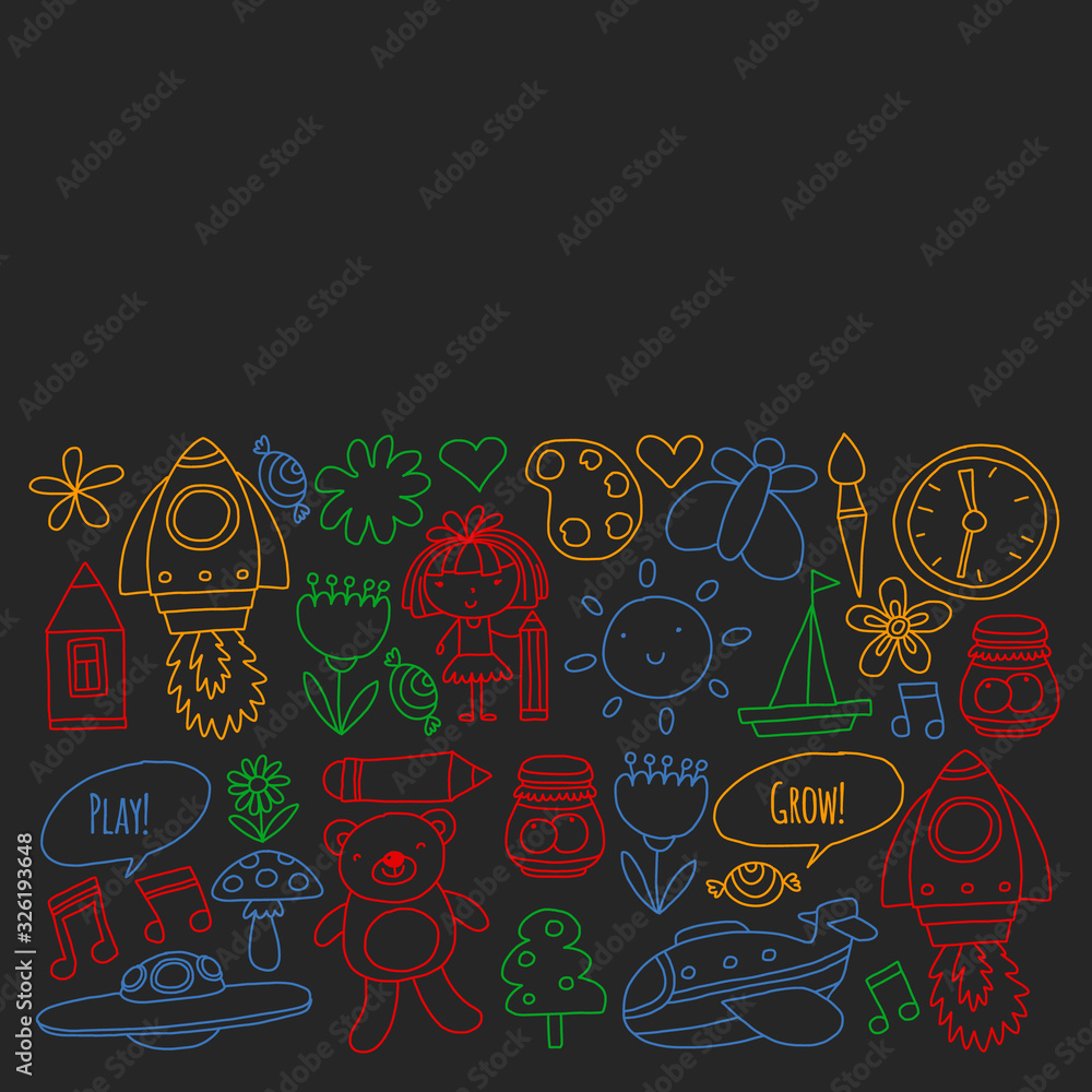 Vector pattern with little children. Kindergarten, play and grow ...