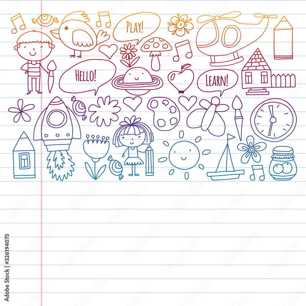 Vector pattern with little children. Kindergarten, play and grow ...