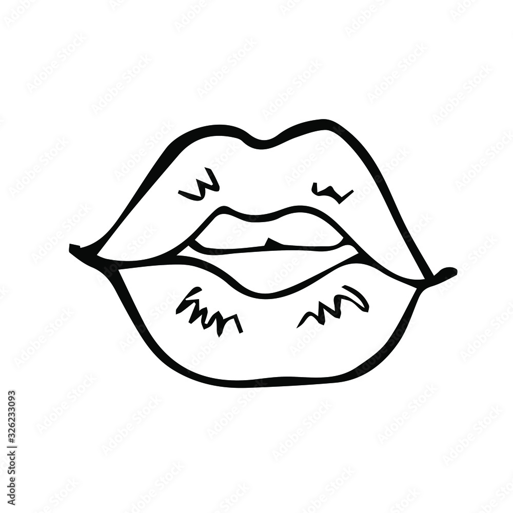 vector hand-drawn outline female lips isolated on a white background ...