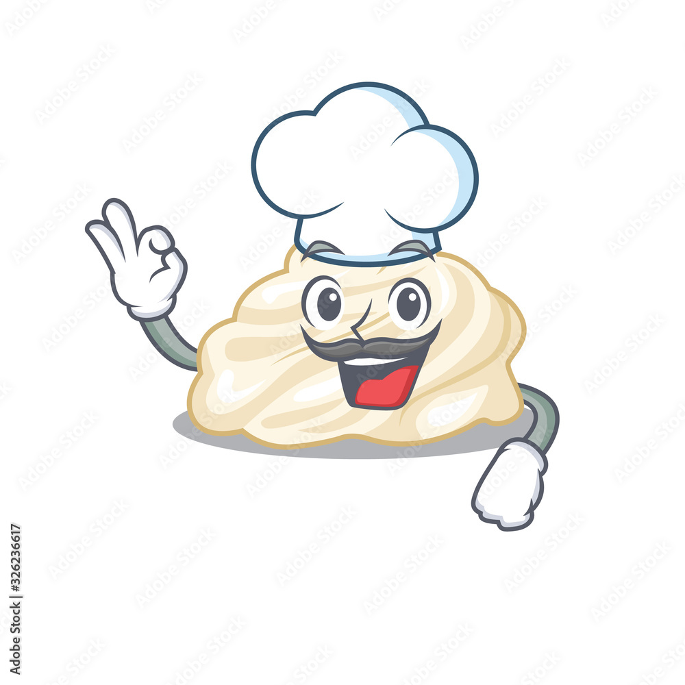 Whipped cream cartoon character working as a chef and wearing white hat ...