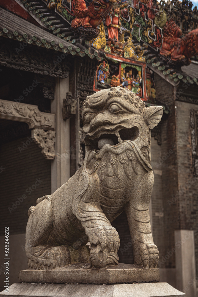Fu dogs in ancient temple. Chinese culture, art in the roof. Asian ...