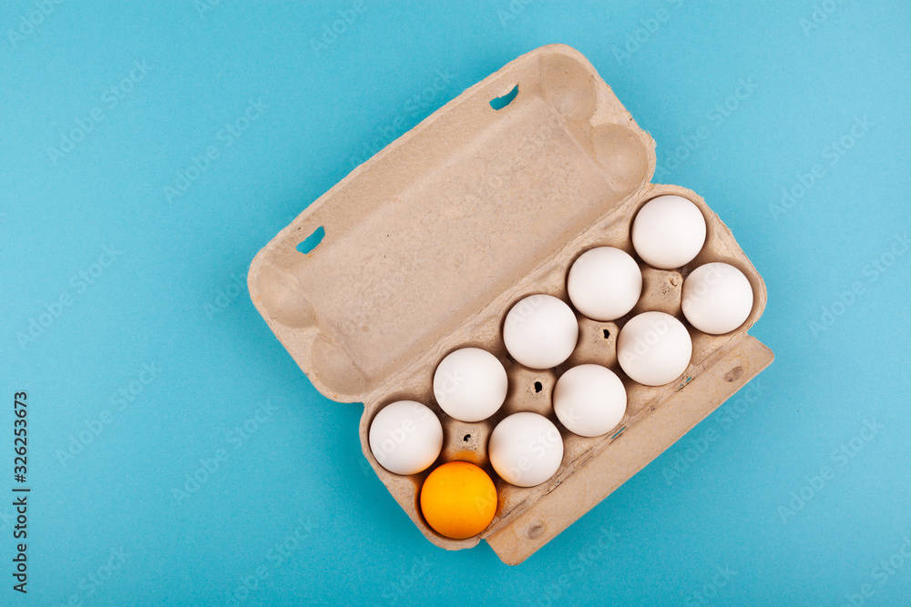 Egg Chicken eggs. Top view of an open gray box with white eggs Isolated ...